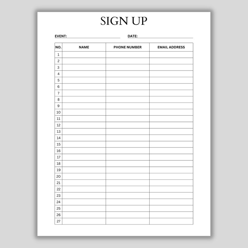 Printable Sign up Sheet, Contact Information, Event Sign up Sheet ...