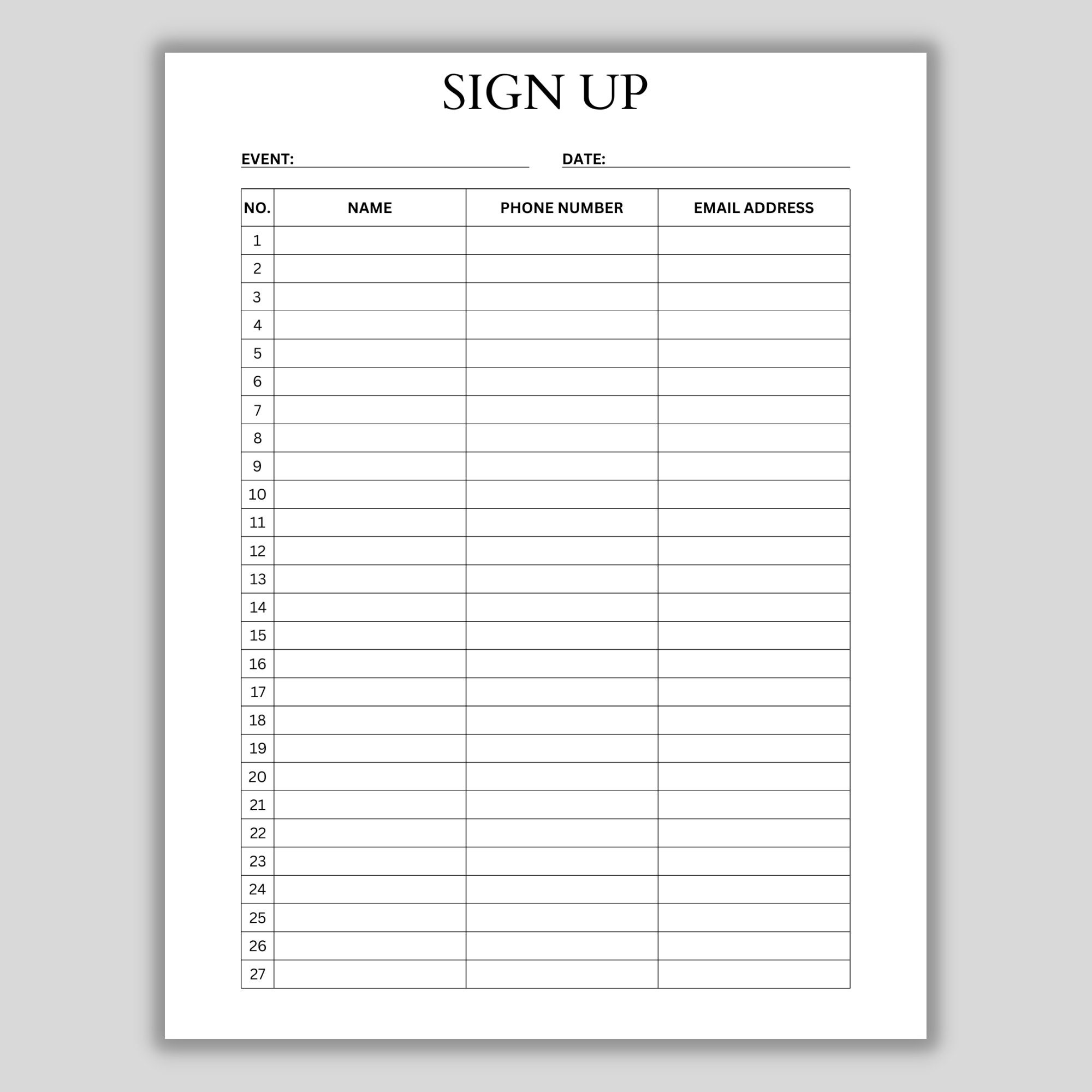 Printable Sign up Sheet, Contact Information, Event Sign up Sheet ...