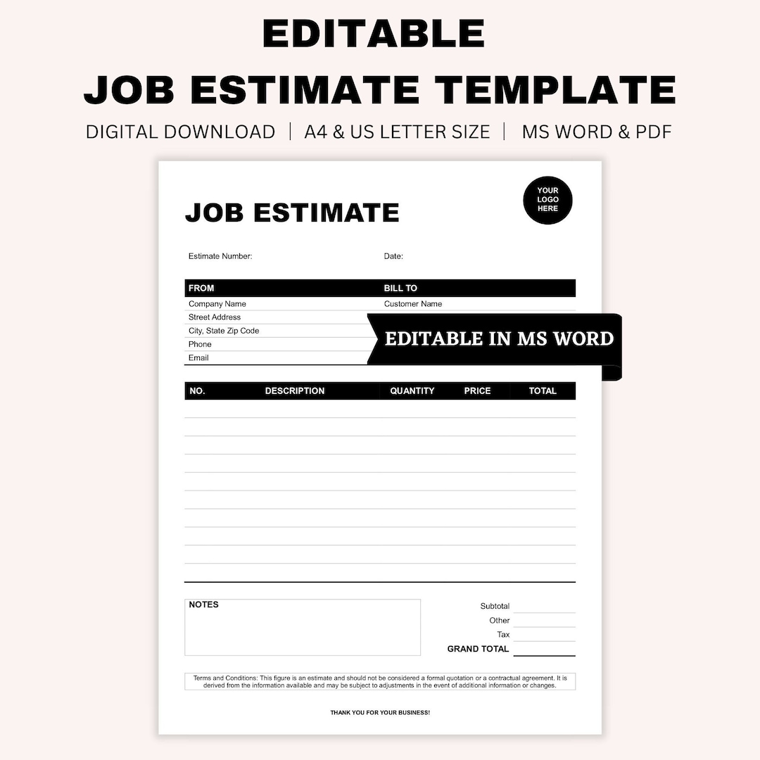 Editable Job Estimate Template, Job Proposal, Job Quote, Estimate Form ...