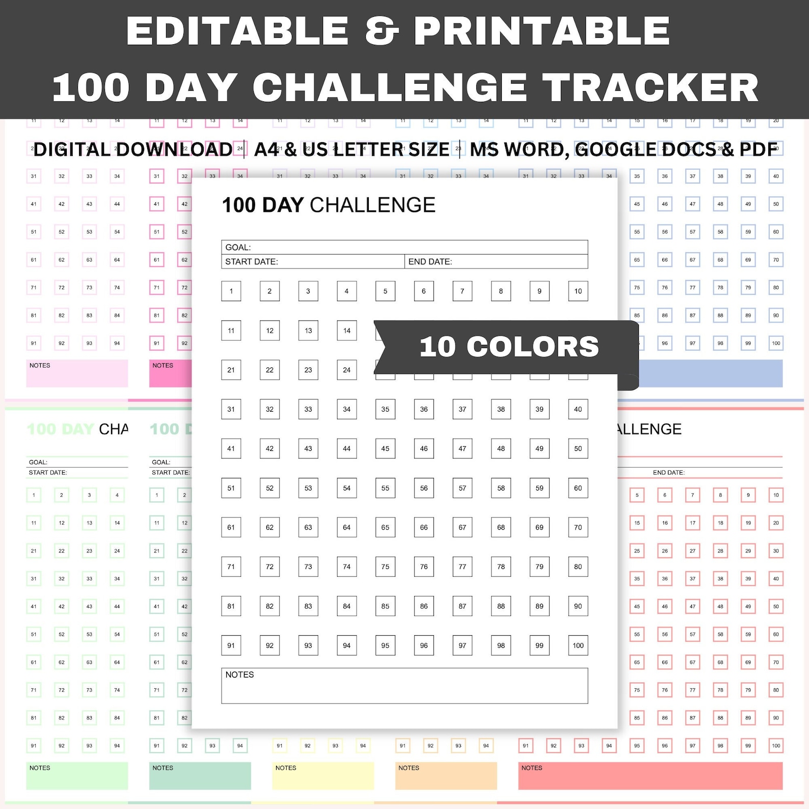 Editable 100 Day Challenge Tracker, 100 Day Goal Progress Tracker ...