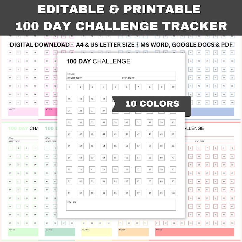 Editable 100 Day Challenge Tracker, 100 Day Goal Progress Tracker ...