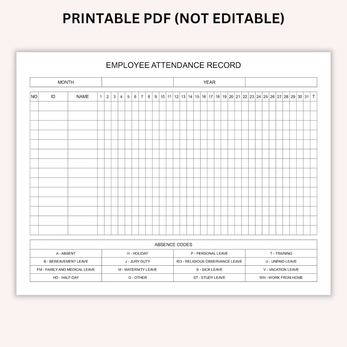Editable Employee Attendance Record, Printable Employee Absence Tracker ...
