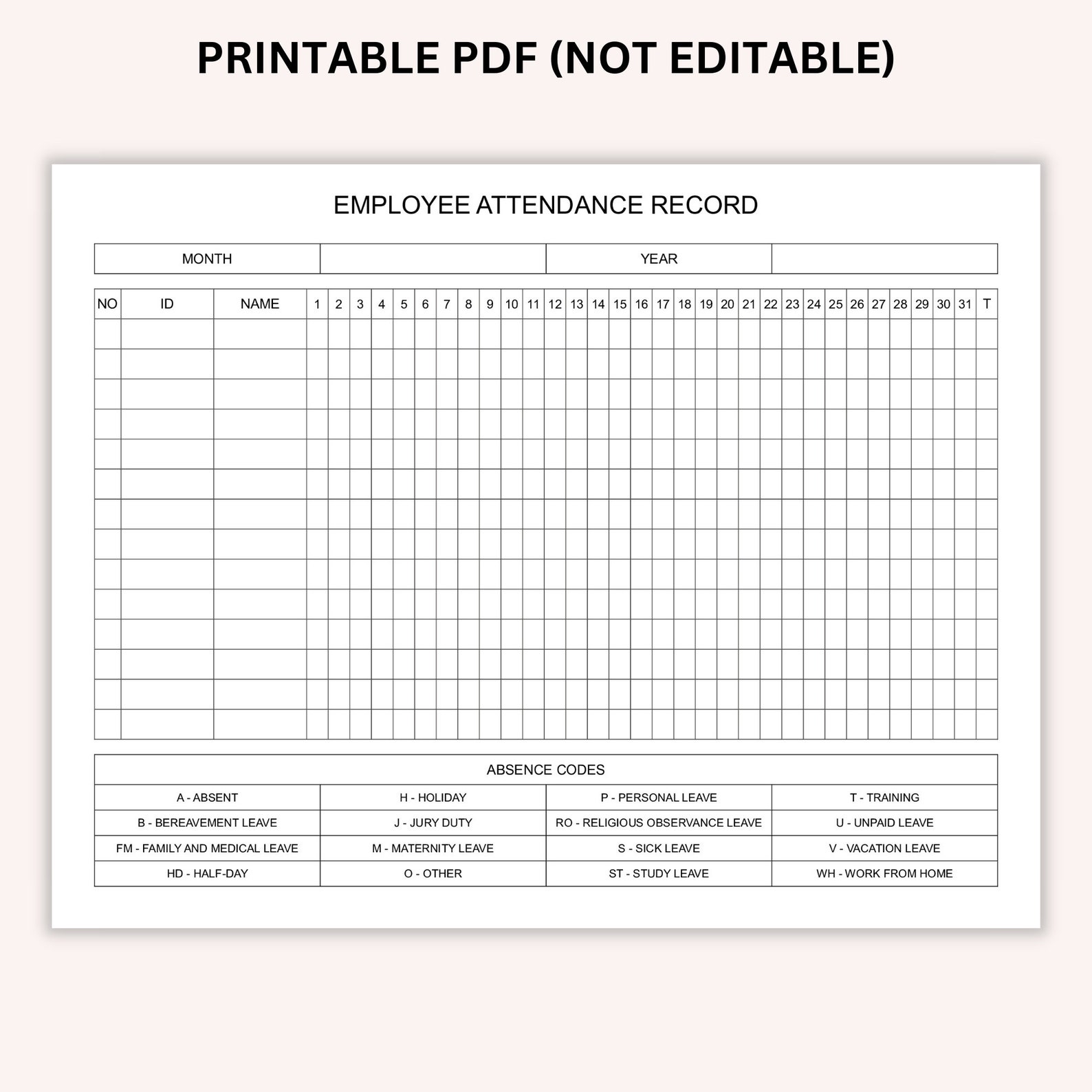 Editable Employee Attendance Record, Printable Employee Absence Tracker ...