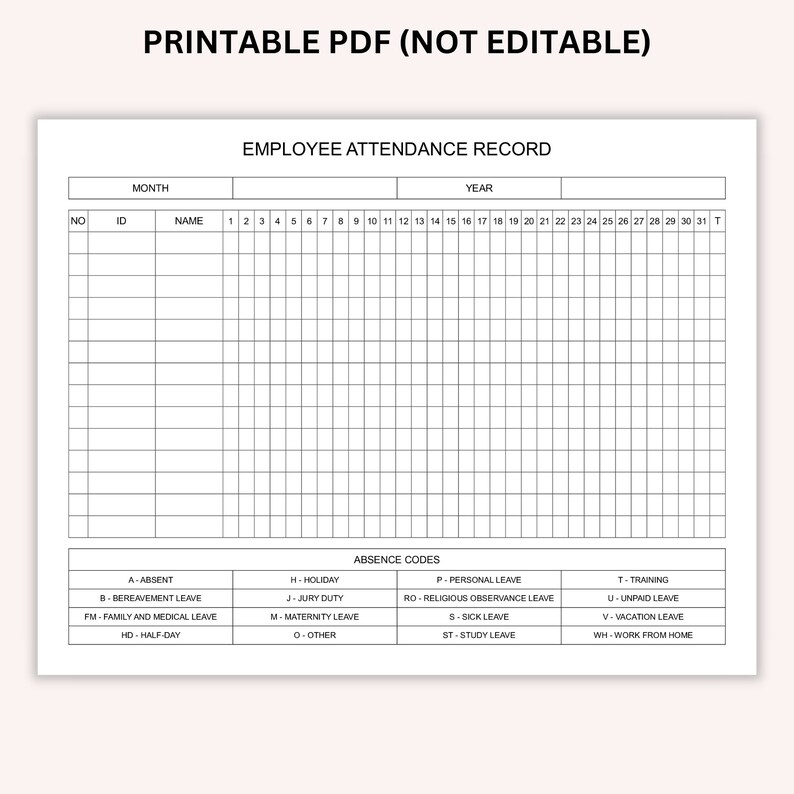 Editable Employee Attendance Record, Printable Employee Absence Tracker ...