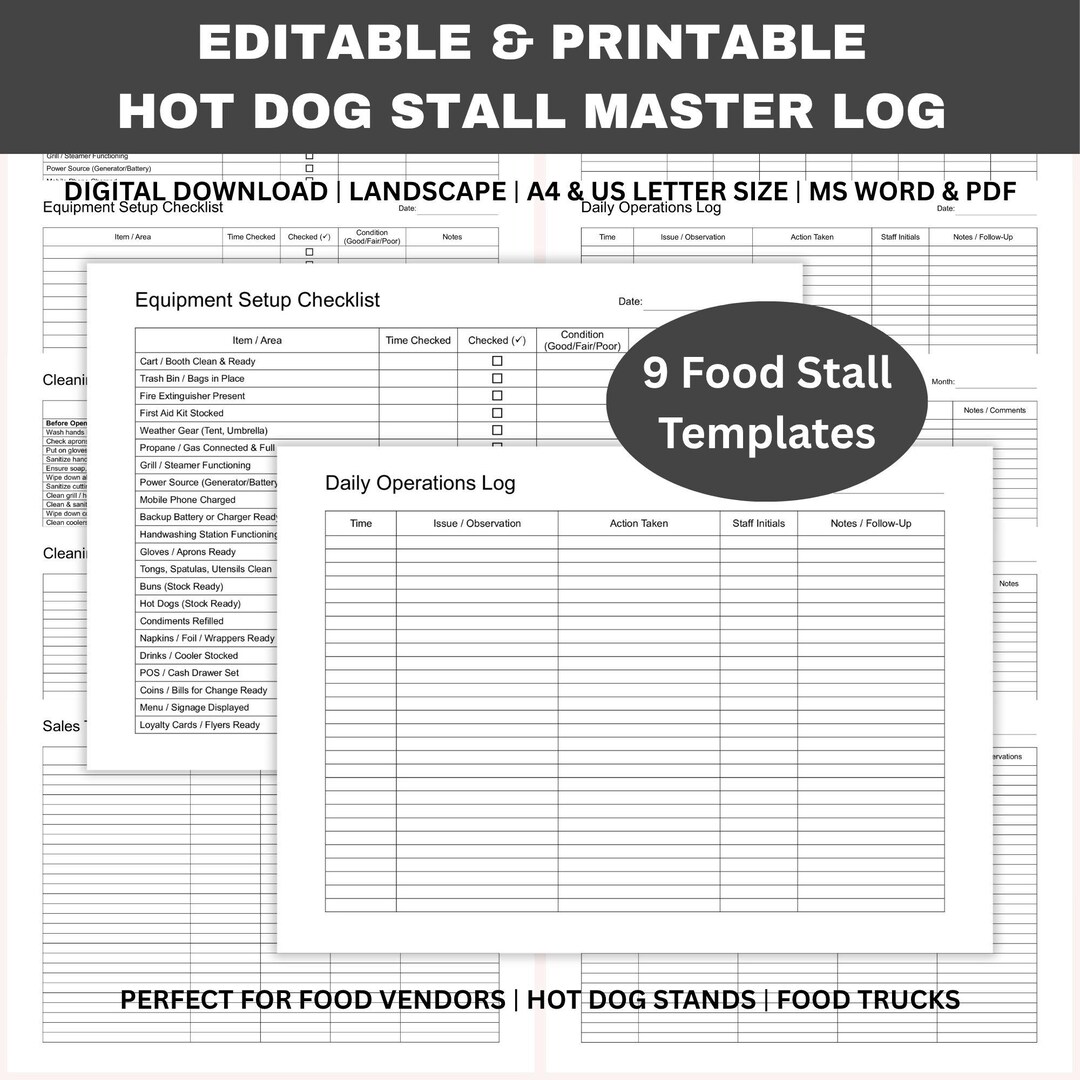 Editable Hot Dog Stall Master Log, Food Truck Logbook, Daily Operations ...