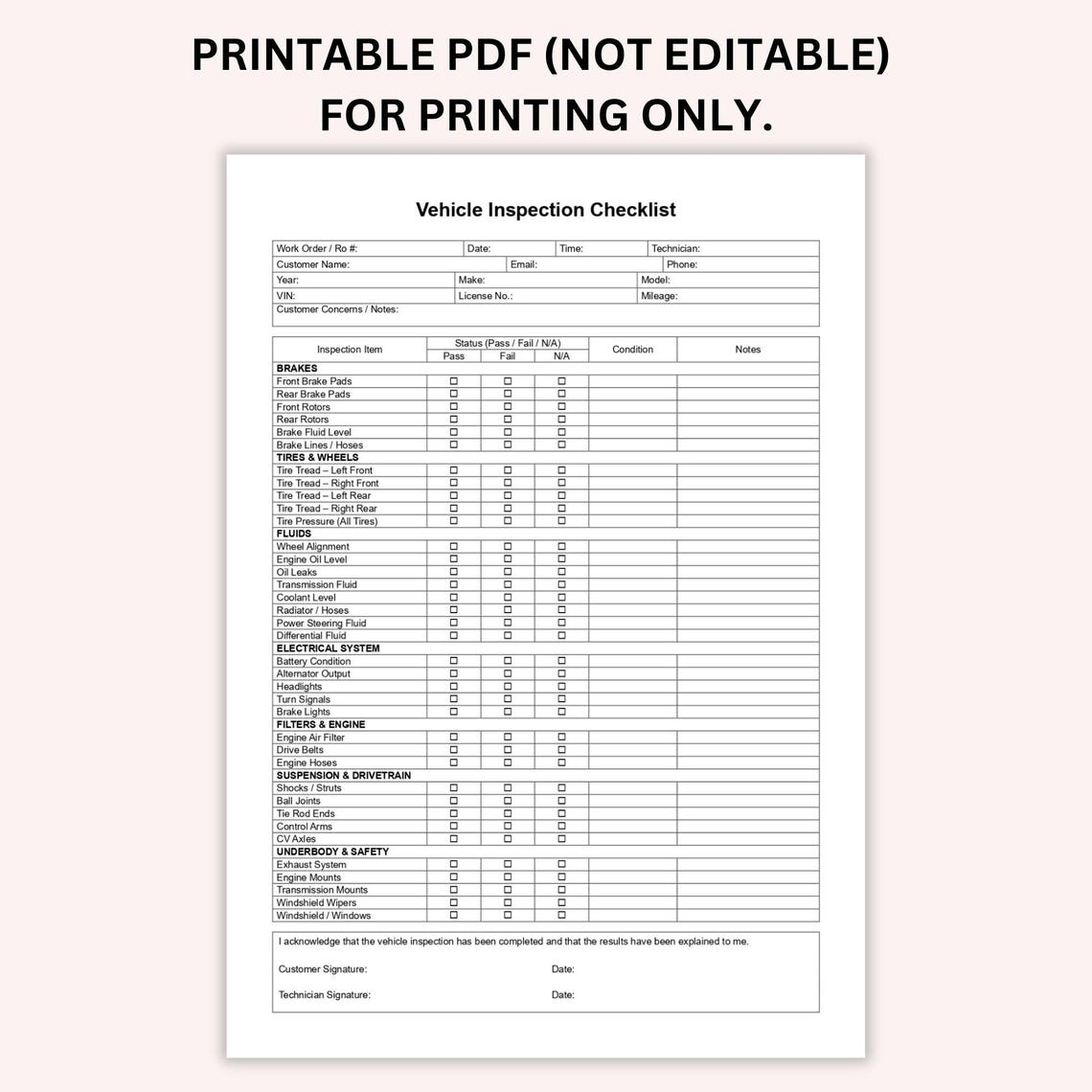 Editable Vehicle Inspection Checklist, Printable Auto Repair Template ...