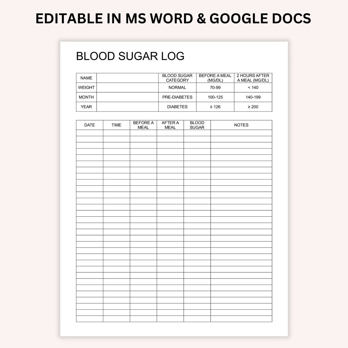 Blood Sugar Log Editable, Daily Blood Sugar Journal, Diabetes Tracking ...