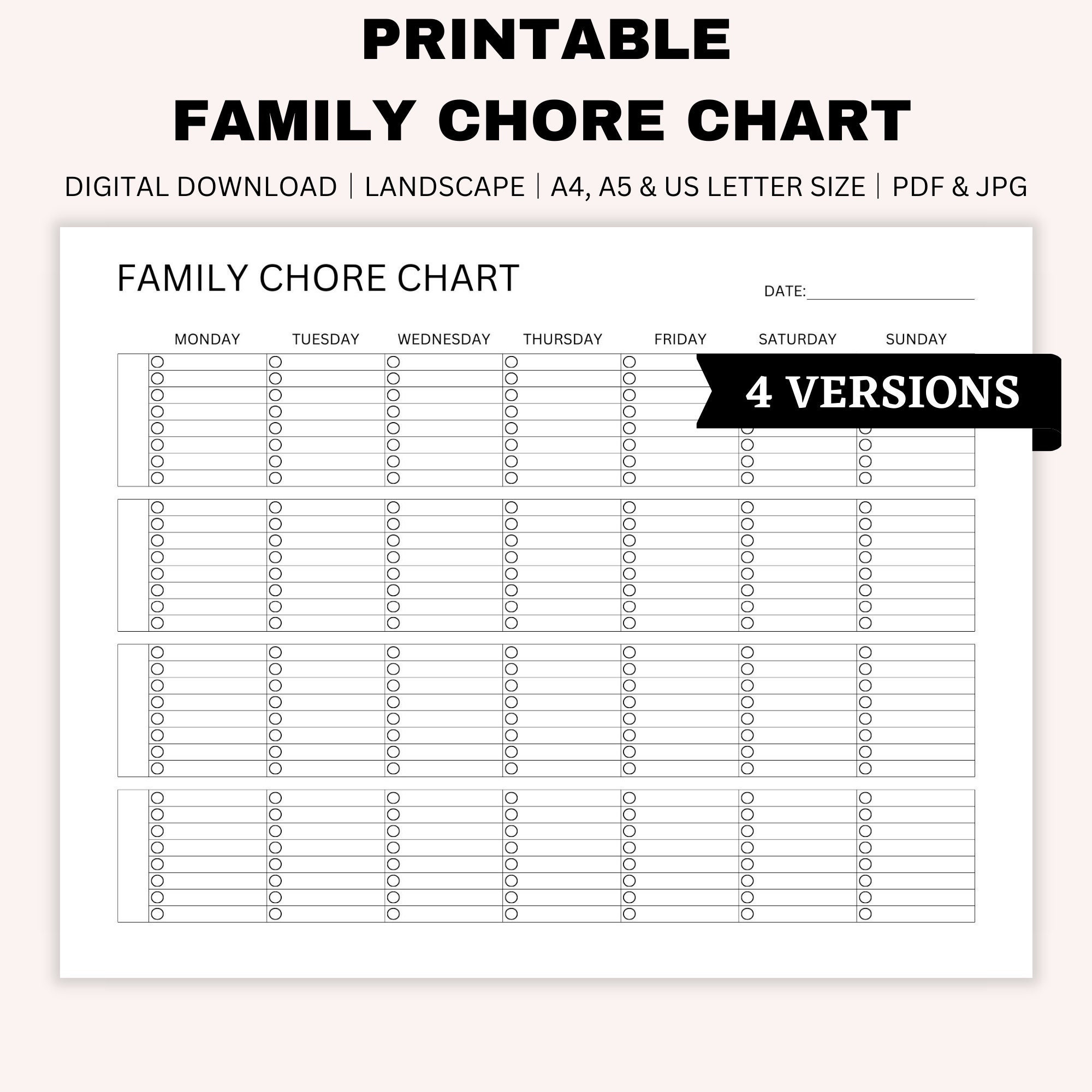 Printable Family Chore Chart, Weekly to Do List, Chore Checklist, Kids ...