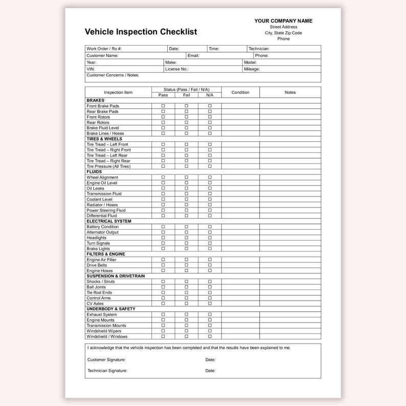 Editable Vehicle Inspection Checklist, Printable Auto Repair Template ...