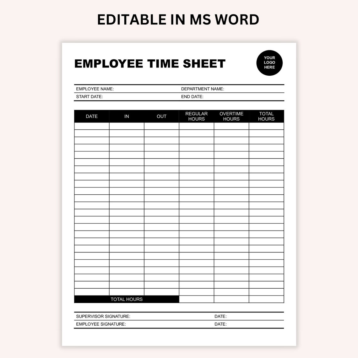 Editable Employee Time Sheet, Clock in & Out Sheet, Time Card, Work Log ...