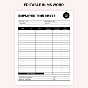 Editable Employee Time Sheet, Clock in & Out Sheet, Time Card, Work Log ...