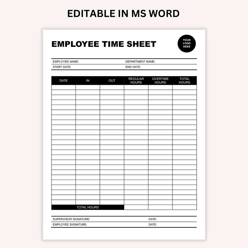 Editable Employee Time Sheet, Clock in & Out Sheet, Time Card, Work Log ...