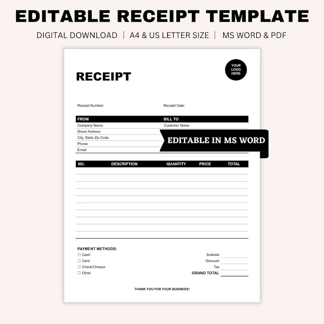 Editable Receipt Template, Business Receipt, Billing Template, Receipt ...