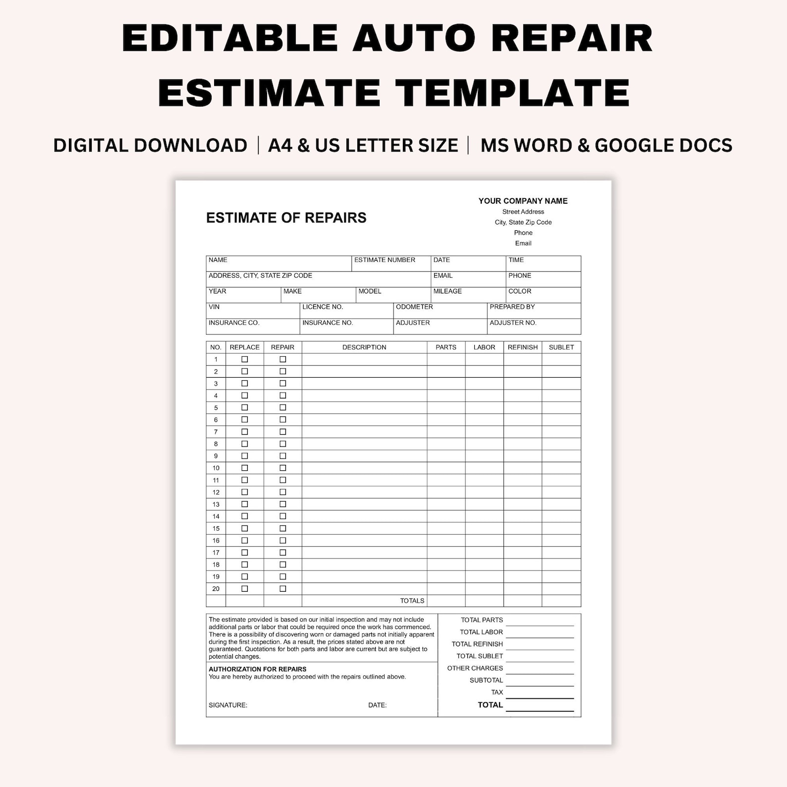 Editable Auto Repair Estimate Template, Automotive Service Invoice ...