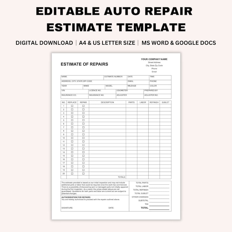 Editable Auto Repair Estimate Template, Automotive Service Invoice ...