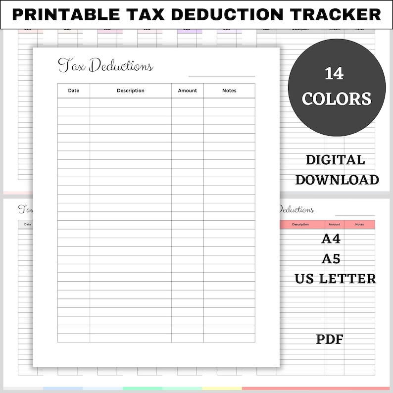 Printable Tax Deduction Tracker, Tax Organizer, Small Business Template ...