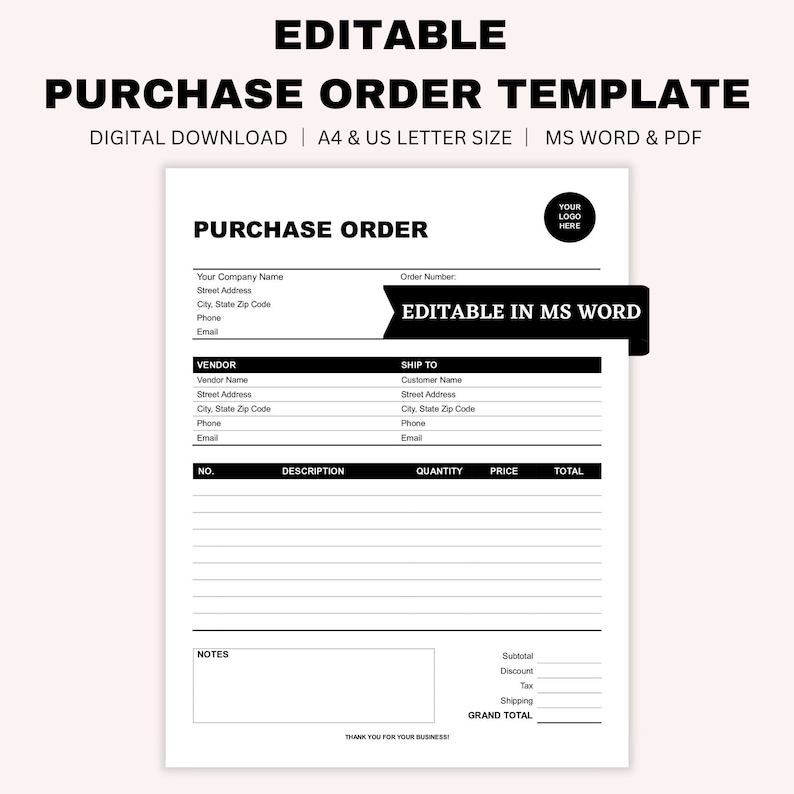 Editable Purchase Order Template, Business Order Form, Custom Order ...