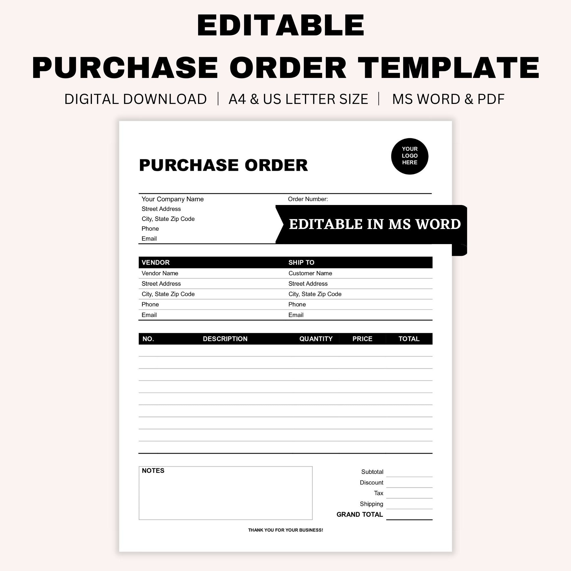 Editable Purchase Order Template, Business Order Form, Custom Order ...