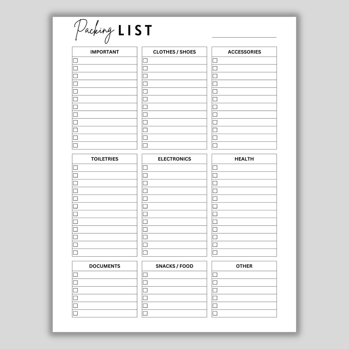 Printable Packing List, Blank Packing List, Vacation Packing List ...