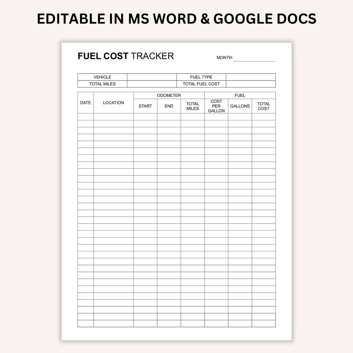 Editable Fuel Cost Tracker, Printable Gas Price Log, Fuel Expense ...