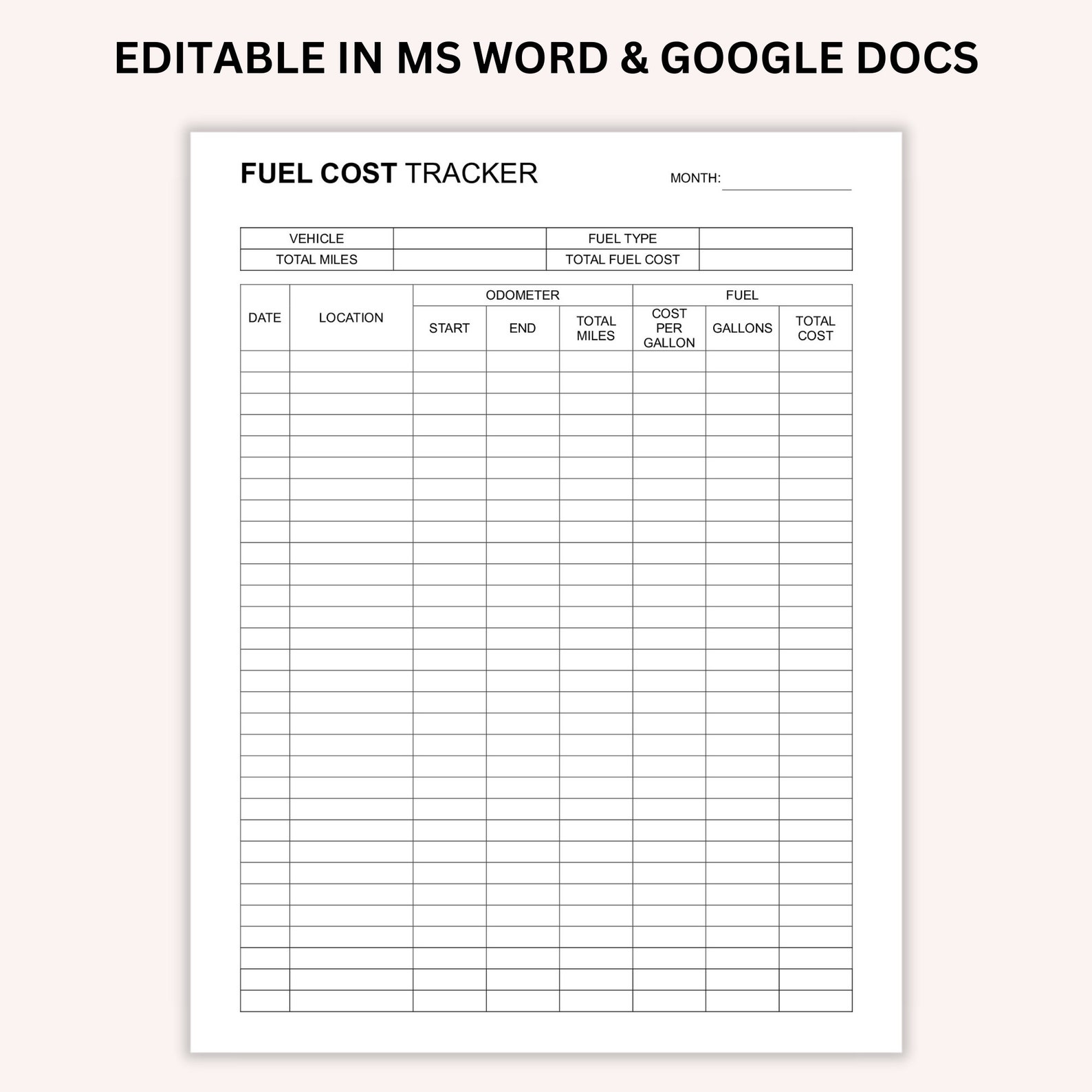 Editable Fuel Cost Tracker, Printable Gas Price Log, Fuel Expense ...