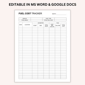 Editable Fuel Cost Tracker, Printable Gas Price Log, Fuel Expense ...