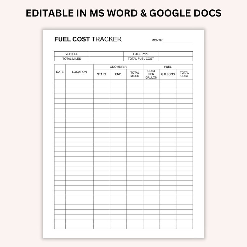 Editable Fuel Cost Tracker, Printable Gas Price Log, Fuel Expense ...