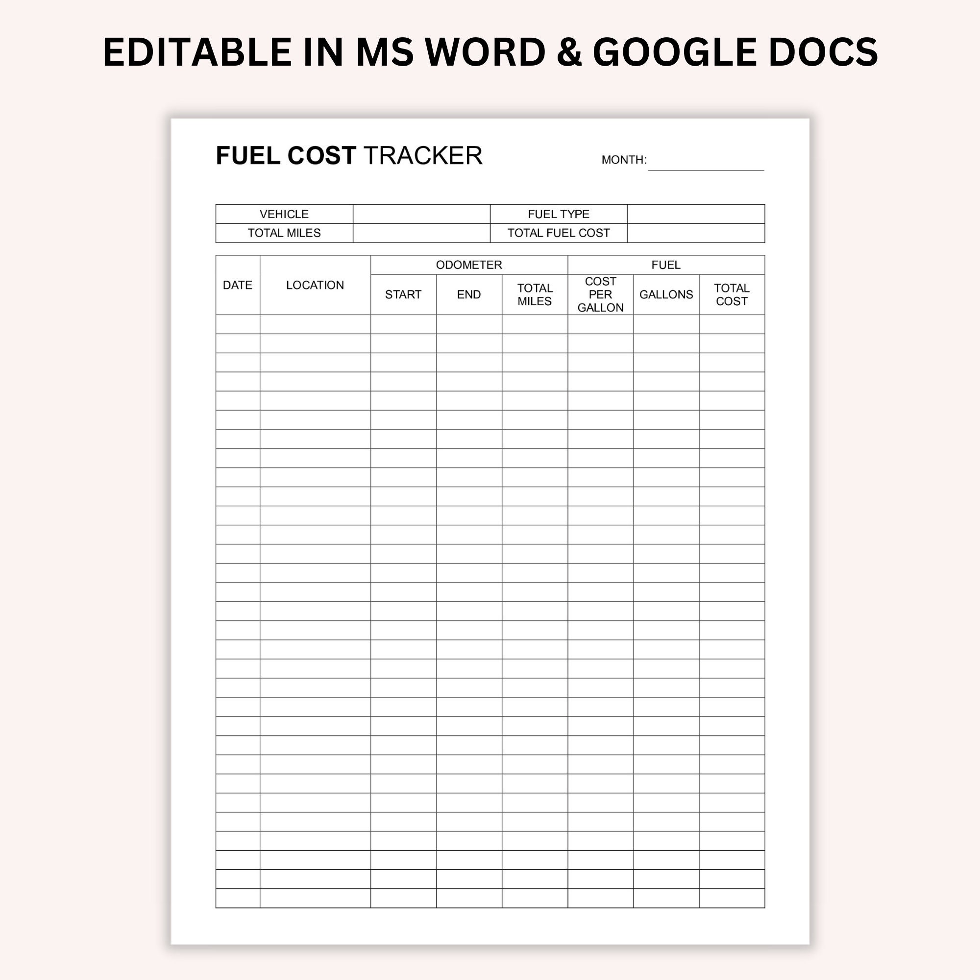 Editable Fuel Cost Tracker, Printable Gas Price Log, Fuel Expense ...