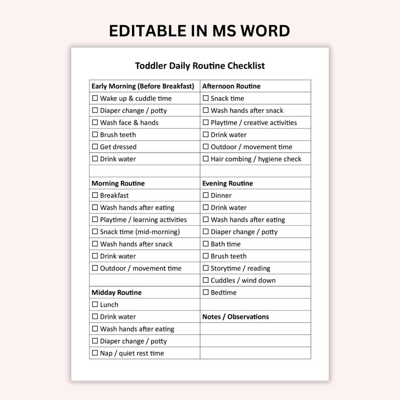 Editable Toddler Daily Routine Checklist, Printable Kids Routine Sheet ...