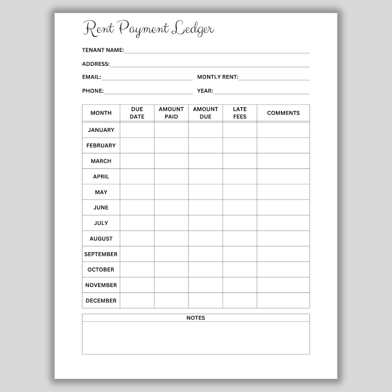 Printable Rent Payment Ledger, Monthly Rent Tracker, Rental Agreement ...