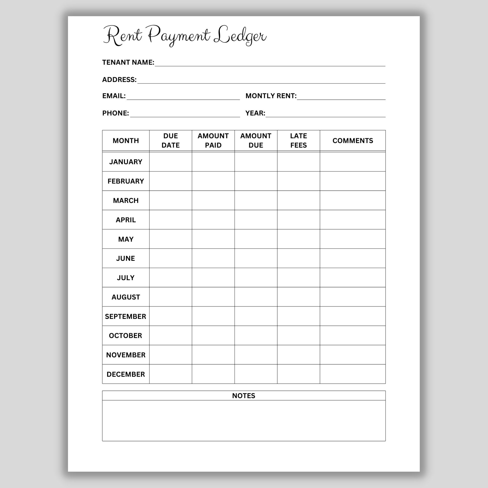 Printable Rent Payment Ledger, Monthly Rent Tracker, Rental Agreement ...