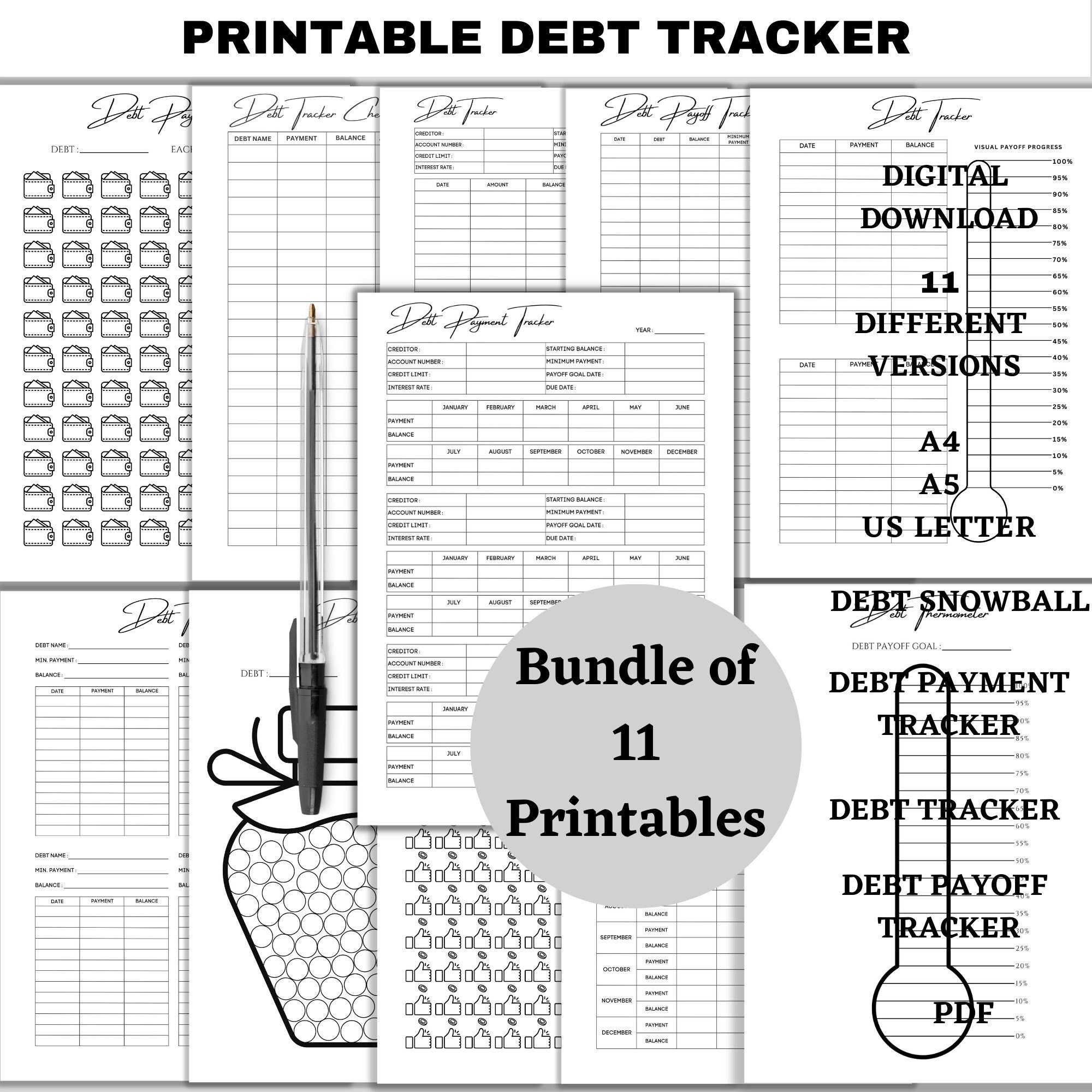 Printable Debt Tracker Bundle of 11, Debt Payment Tracker, Debt Payoff ...