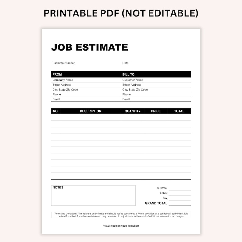 Editable Job Estimate Template, Job Proposal, Job Quote, Estimate Form ...