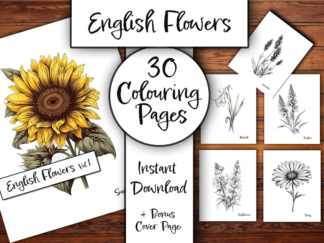 English Flowers Vol.1, Coloring Page Book, Adults Kids Instant Download ...