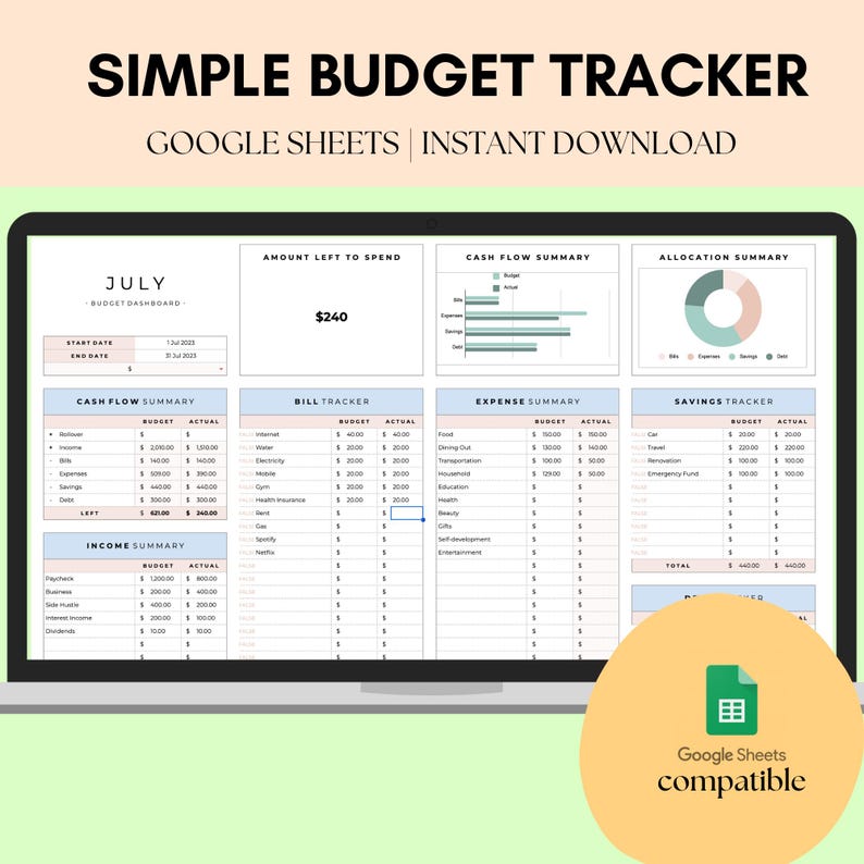Monthly Budget and Bill Tracker Google Sheet – Simple, Editable, Digital Budgeting Spreadsheet ...