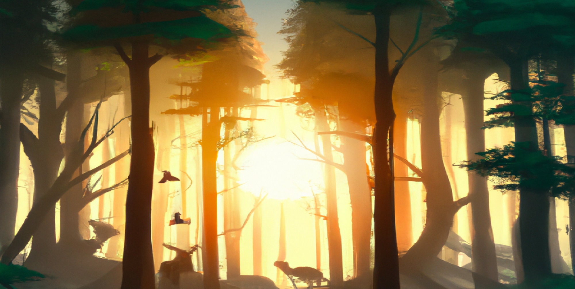 Digital Art of Animals in Forest With Light Shining Through Trees Set ...