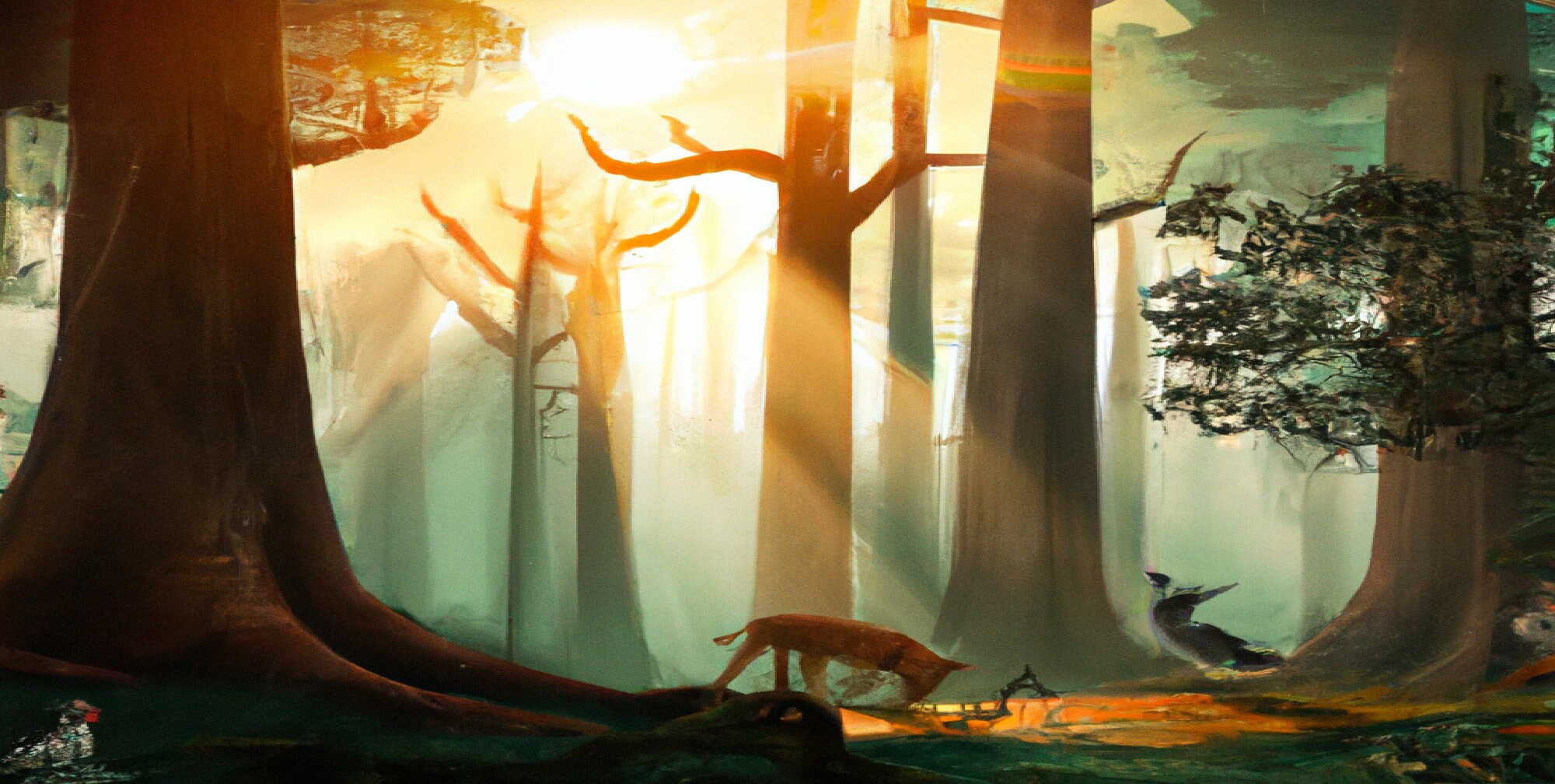 Digital Art of Animals in Forest With Light Shining Through Trees Set ...
