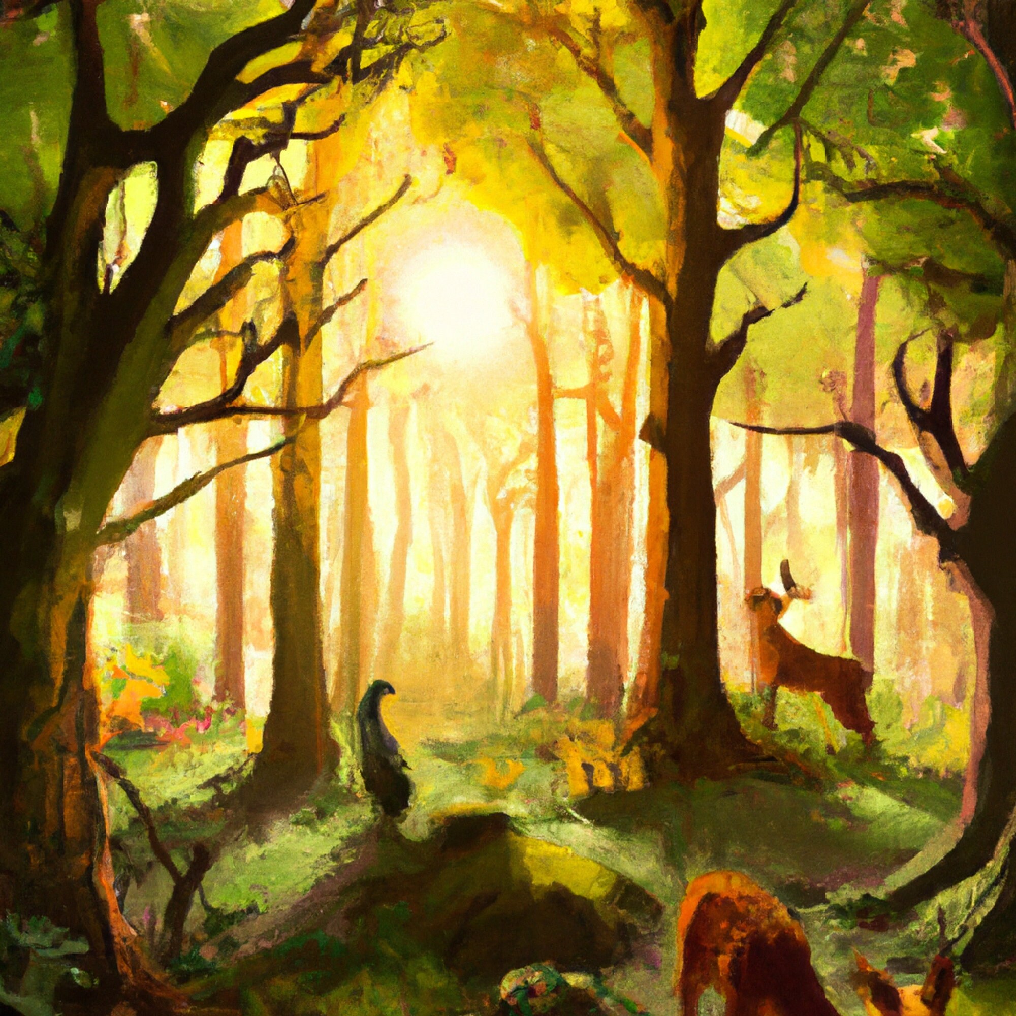 Digital Art of Animals in Forest With Light Shining Through Trees Set ...