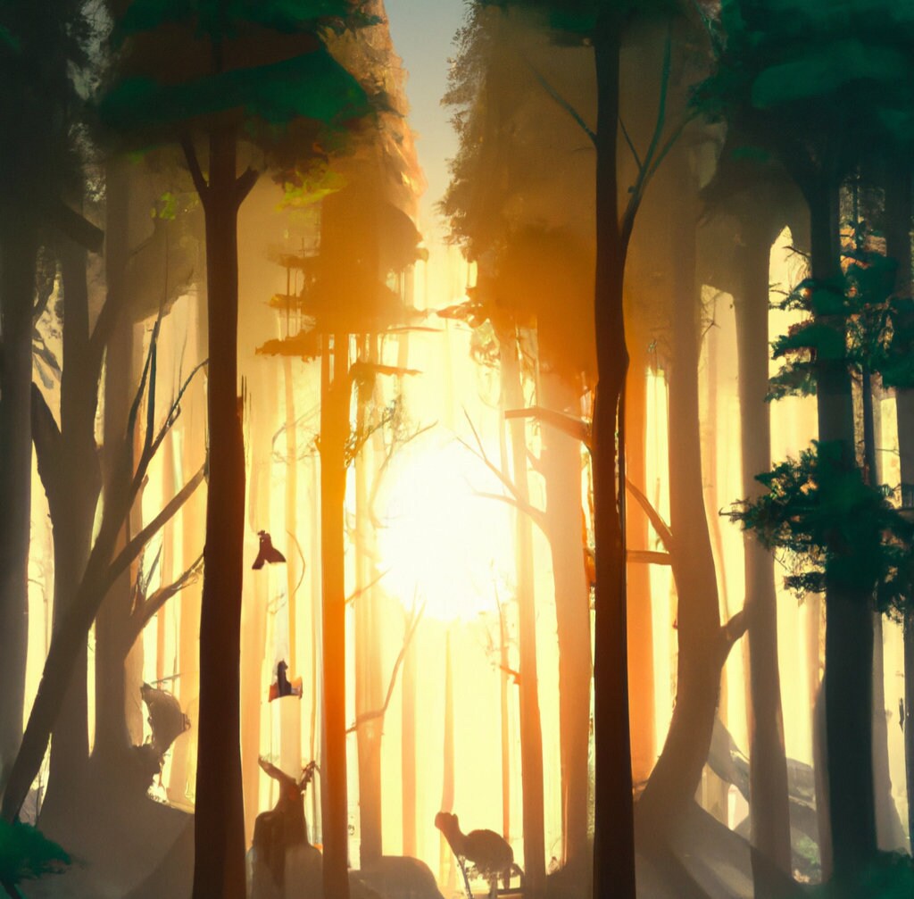 Digital Art of Animals in Forest With Light Shining Through Trees Set ...
