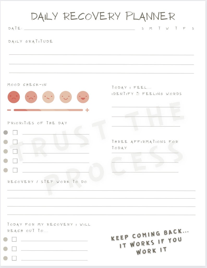Recovery Planner Printable 12 Step Worksheet Daily Recovery Recovery ...