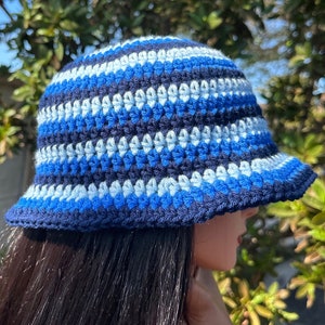 Blue Striped Handmade Crochet Bucket Hat Flare - Etsy