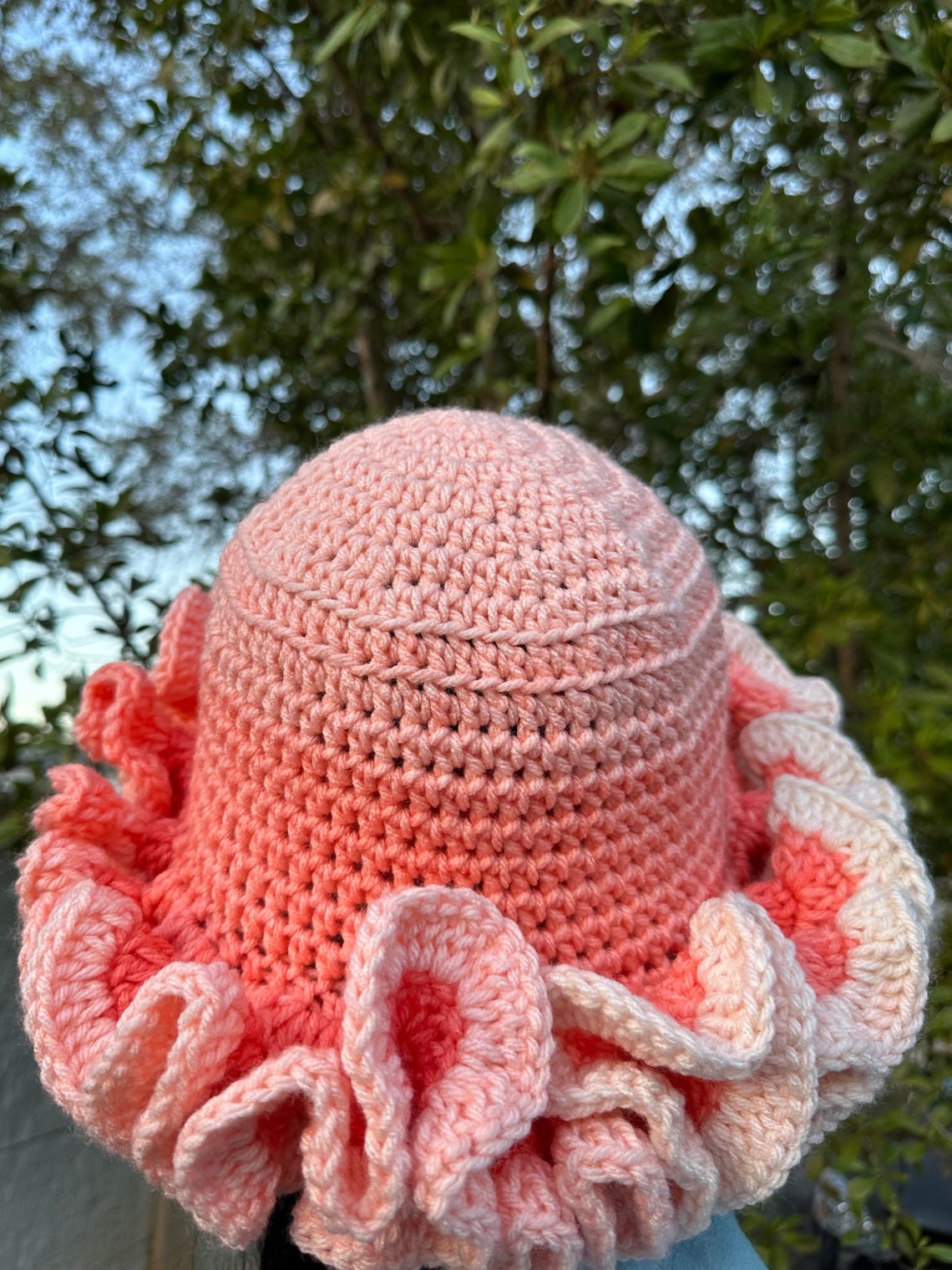 Coral & White Ombré Handmade Crochet Big Ruffle Bucket Hat - Etsy