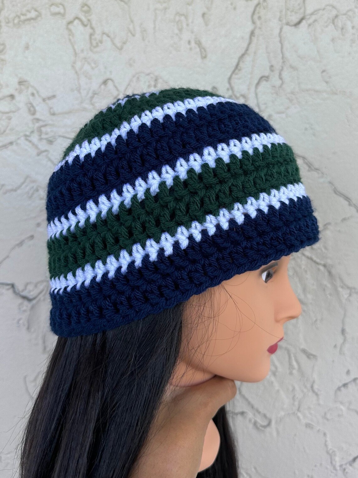 Navy Blue & Hunter Green Handmade Crochet Round Beanie Hat With White ...