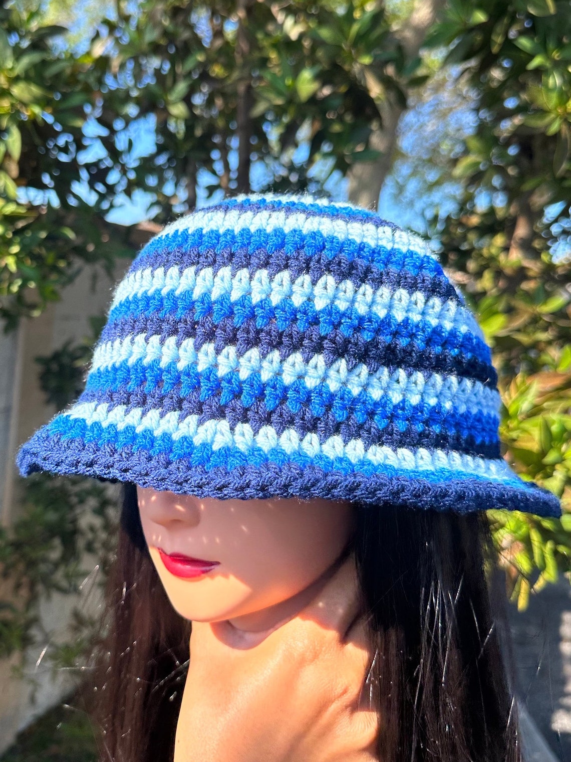 Blue Striped Handmade Crochet Bucket Hat Flare - Etsy