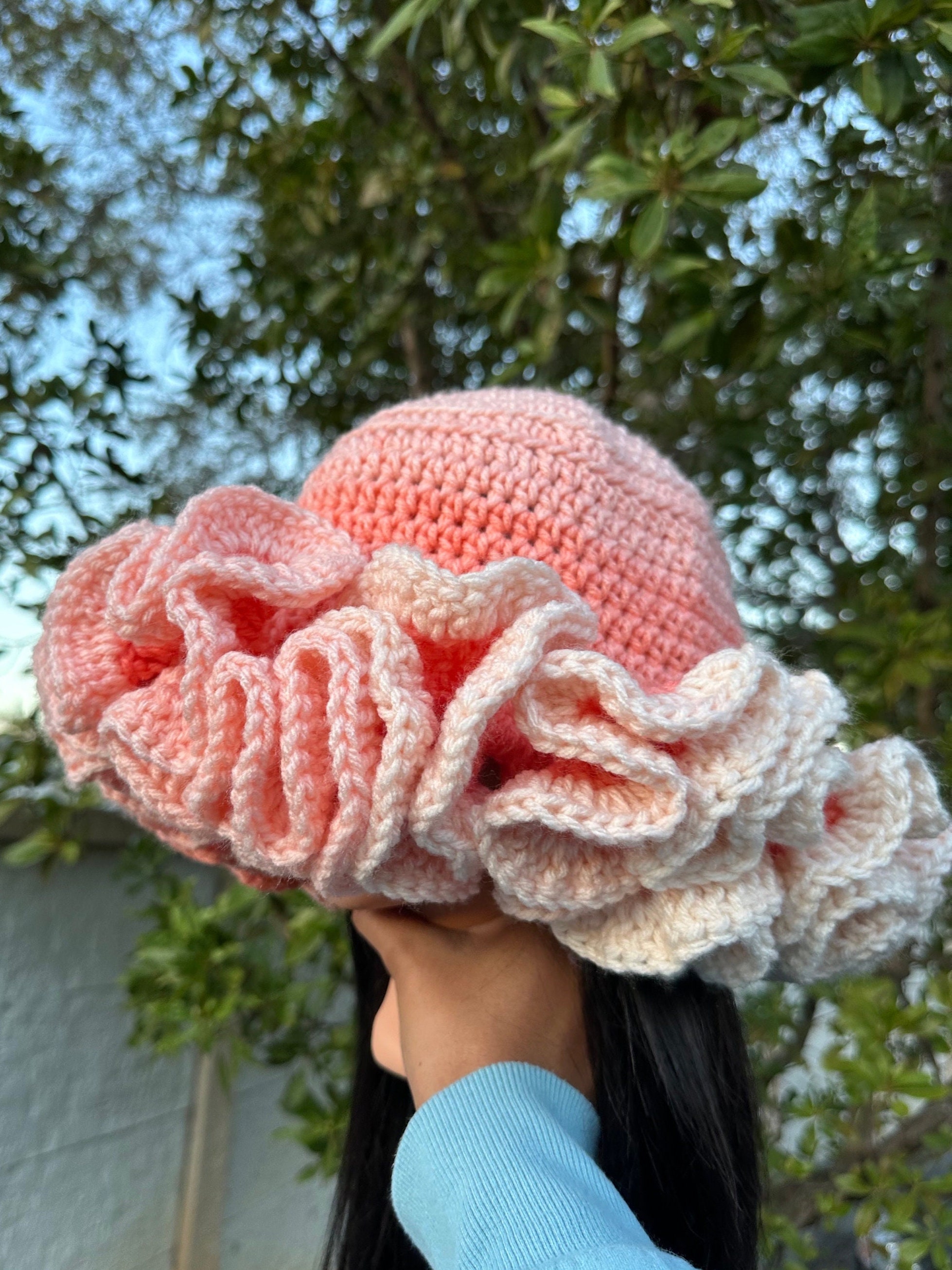 Coral & White Ombré Handmade Crochet Big Ruffle Bucket Hat - Etsy
