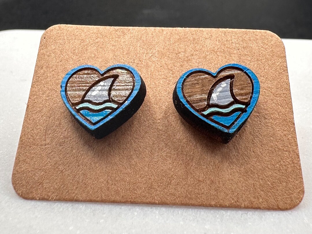 Shark Heart Earrings, Upcycled Reclaimed Wood- Shark Fin Studs Are a ...