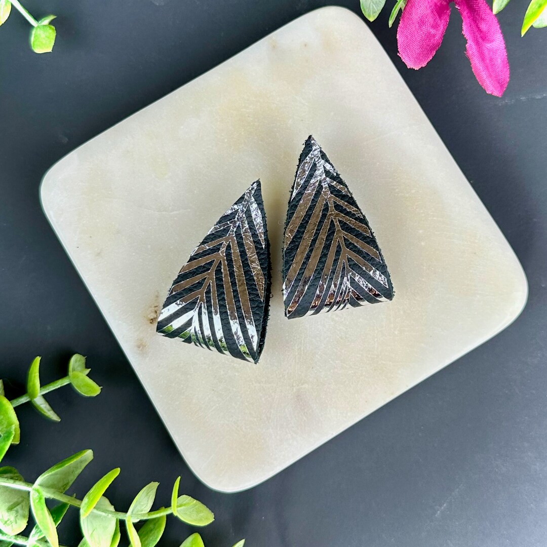 Folded Leather Metallic Palm Leaf Post Earrings | Tropical Foldover Ear ...