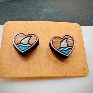 Shark Heart Earrings, Upcycled Reclaimed Wood- Shark Fin Studs Are a ...