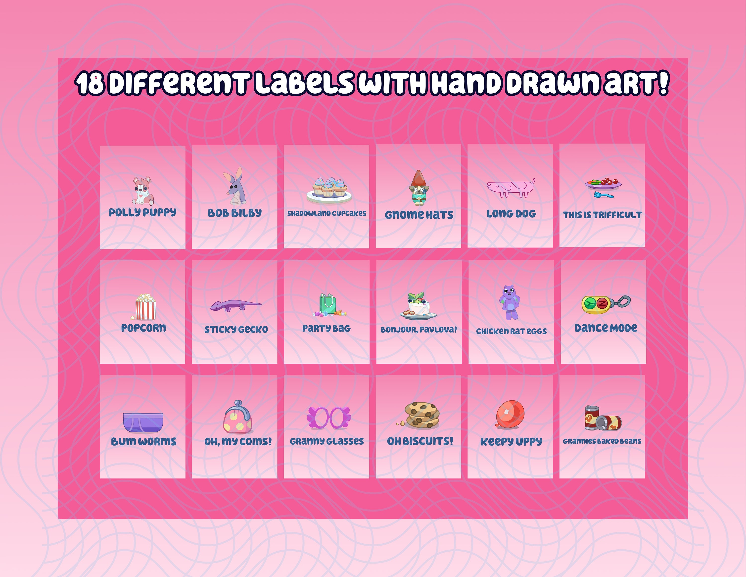 Bluey Unique Party Favor Labels Pink Theme 50 Pages Canva Template ...