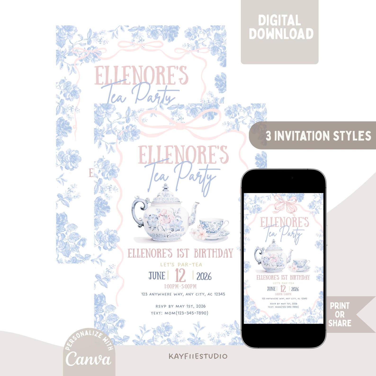 Tea Party 1st Birthday Invitations | Digital Download | Par-tea - Etsy UK
